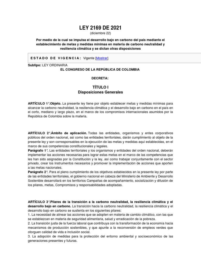 LEY 2169 de 2021 | PDF | Mitigación del cambio climático | Agricultura