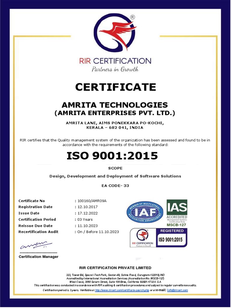 Amrita tech 2022-ISO 9001 certificate | PDF