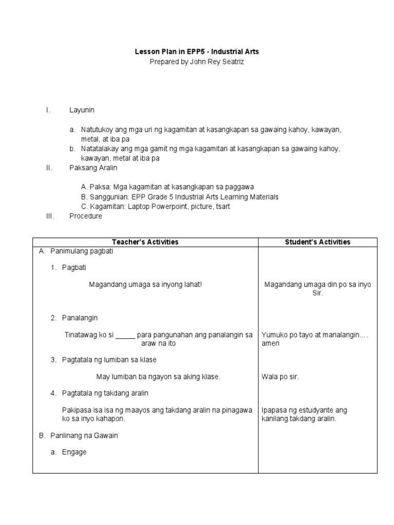 5e's Lesson Plan in EPP5 - Industrial Arts | PDF