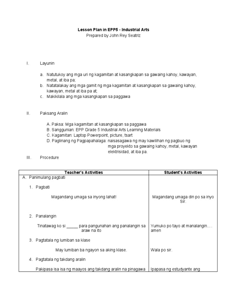 5e's Lesson Plan in EPP5 - Industrial Arts | PDF