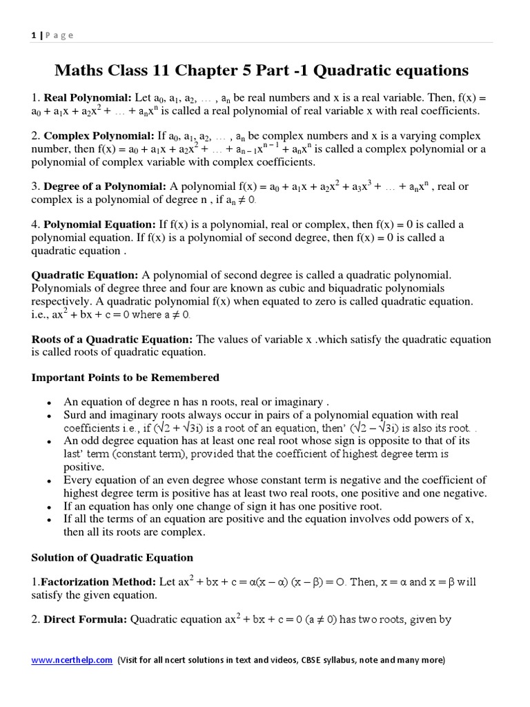 Class 11 Quadratic Equations Guide | PDF | Quadratic Equation | Polynomial