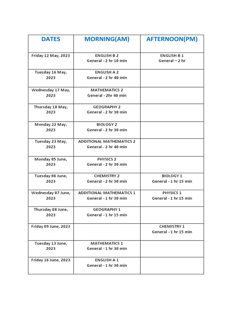 Exam Timetable May-June 2023 | PDF