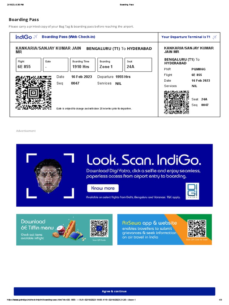 Flight Itinerary and Boarding Pass for Sanjay Kumar Jain from Bengaluru to Hyderabad on February ...