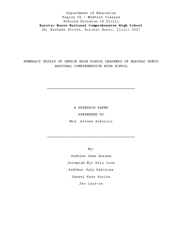 Numeracy Skills of Senior High School Leaners in Barotac Nuevo National ...