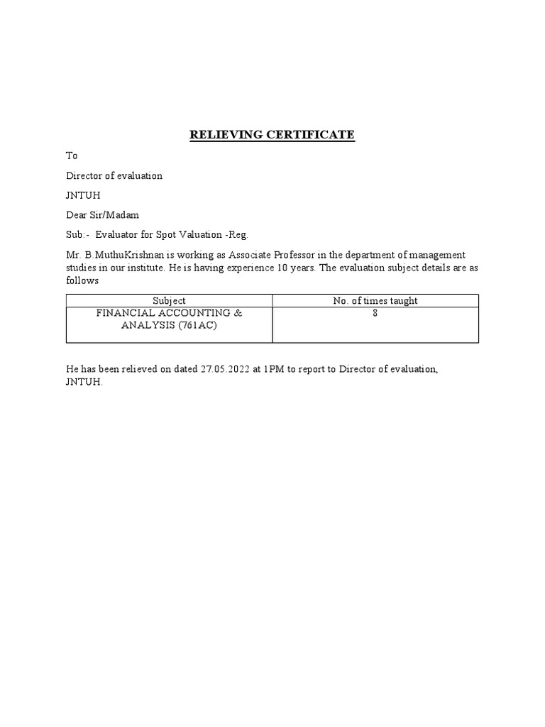Relieving Certificate PDF