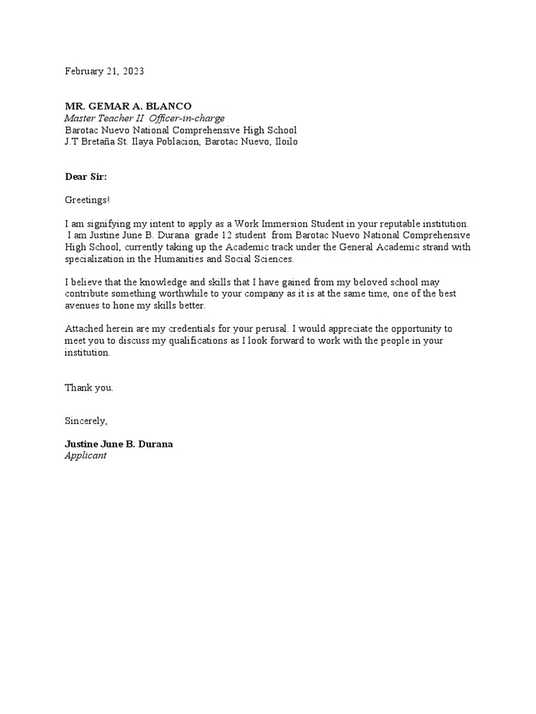 Application for Work Immersion Student | PDF | Wellness