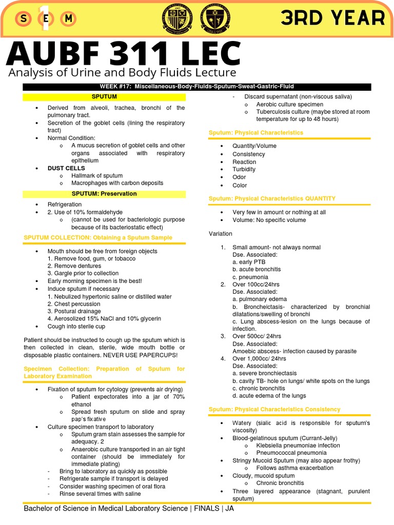AUBF 311LEC Week 17 Miscellaneous Fluids | PDF | Lung | Pneumonia