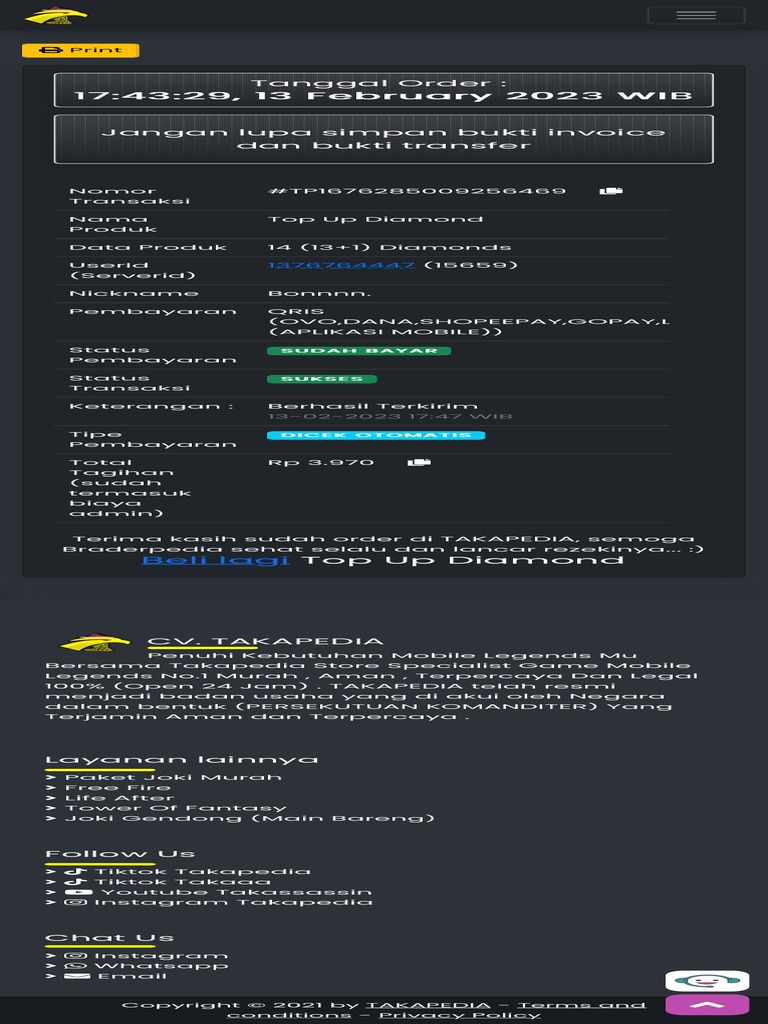 Invoice Detail - TP1676285009256469 - TAKAPEDIA - Penuhi Kebutuhan ...