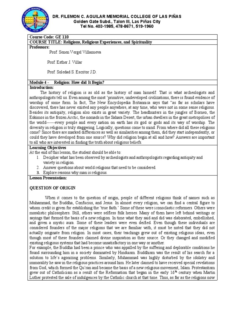 Module 4 RRES GE110 Religion How Did It Begin | PDF | God | Faith