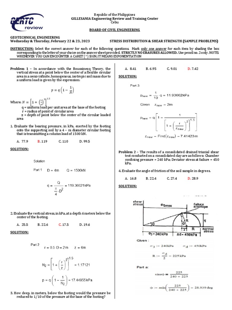 F2F Handouts (Stress Distribution & Shear Strength of Soil) - SOLUTIONS ...