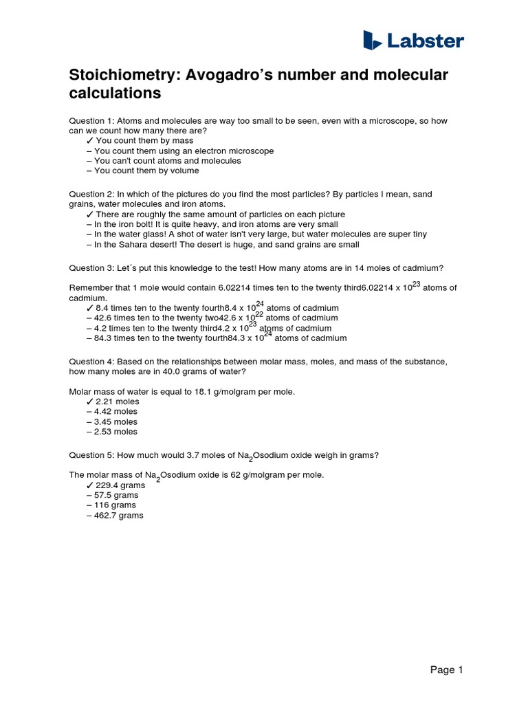 Questions Stoichiometry Avogadros Number and Molecular Calculations | PDF