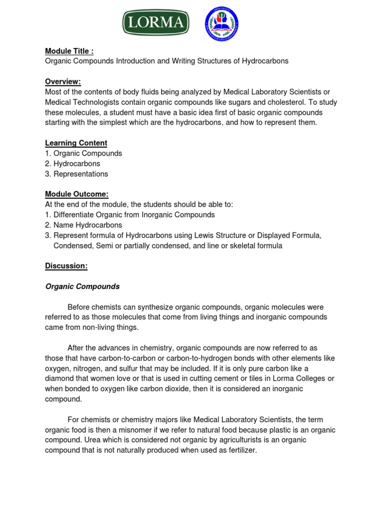 Module Organic Compounds Introduction and Writing Structures of Hydrocarbons | PDF | Organic ...