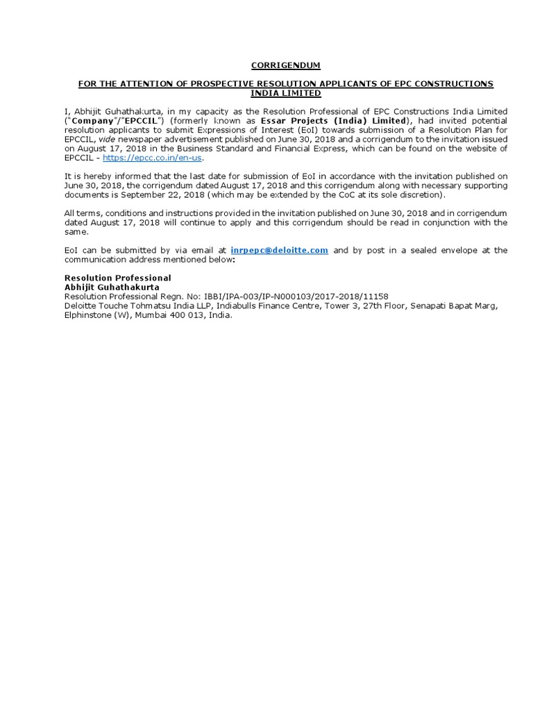 Correction Notice Extends Deadline for Submission of Expressions of Interest for Resolution Plan ...