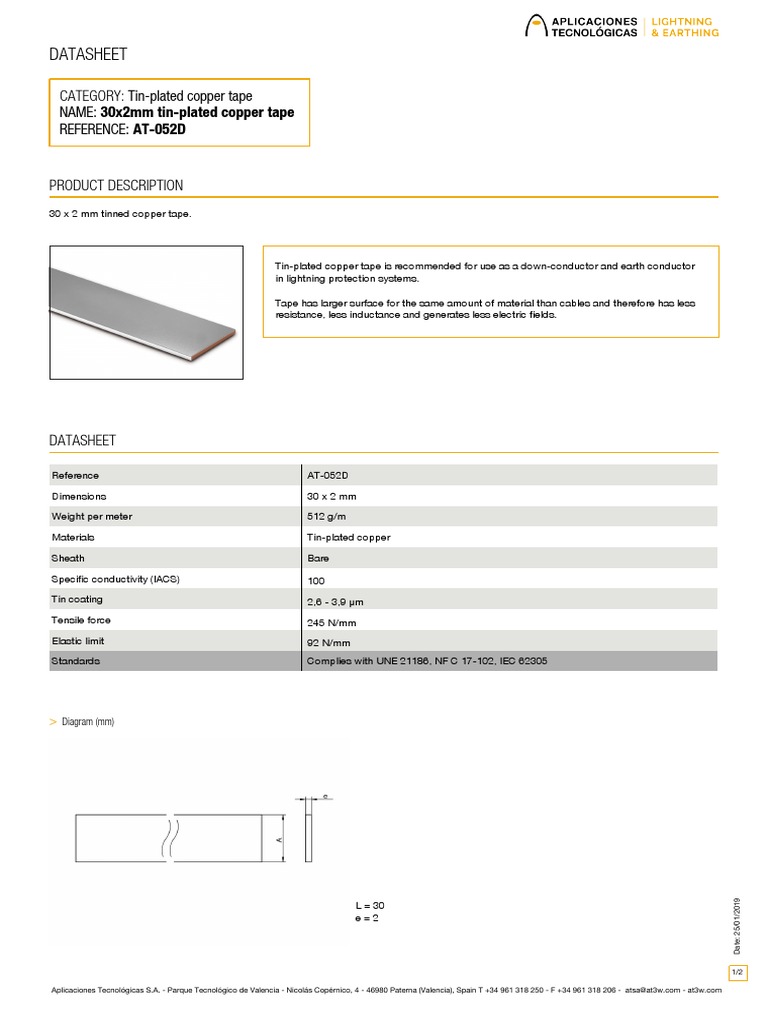 Datasheet: CATEGORY: Tin-Plated Copper Tape NAME: 30x2mm Tin-Plated ...