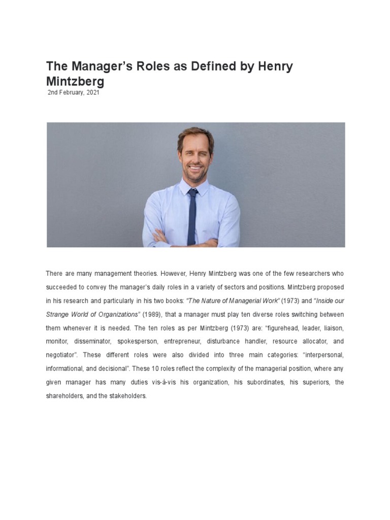 Mintzberg's 10 Managerial Roles | PDF | Leadership | Information