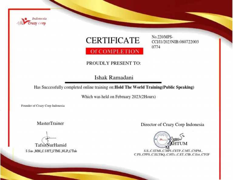 Certificate of Completion: Public Speaking Training | PDF | Business ...