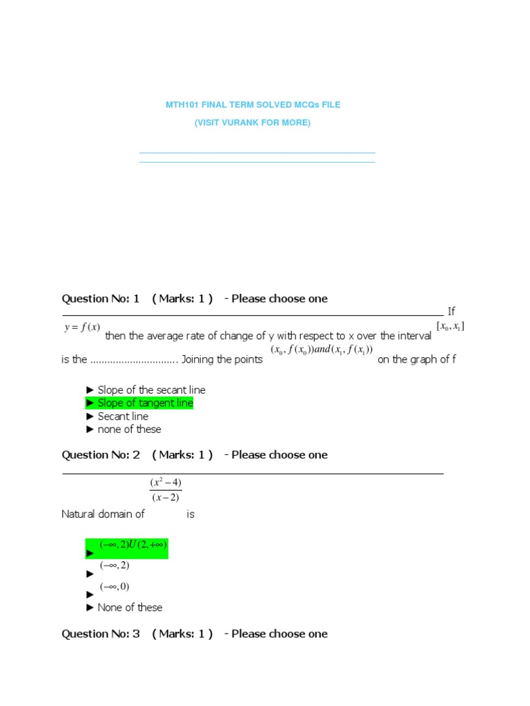 Mth101 Final Term Solved Mcqs File | PDF | Teaching Methods & Materials | Science & Mathematics