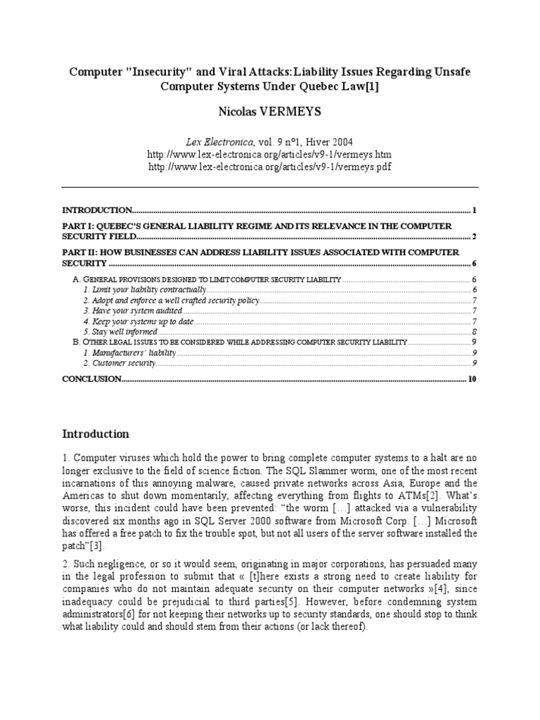 Computer Insecurity and Viral AttacksLiability Issues Regarding Unsafe ... Computer Insecurity and Viral AttacksLiability Issues Regarding Unsafe ...