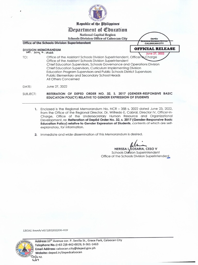 DM No. 309, S. 2022 - Reiteration of DepEd Order No. 32, S. 2017 ...