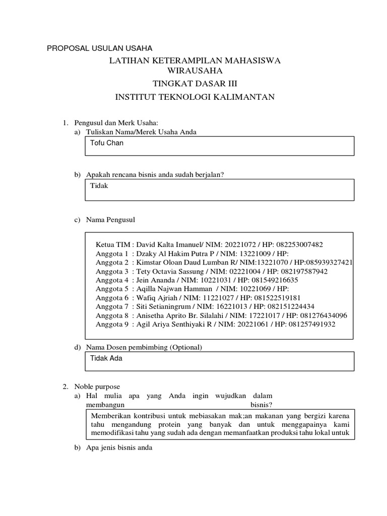 Usaha Tahu Susu Inovatif ITK | PDF