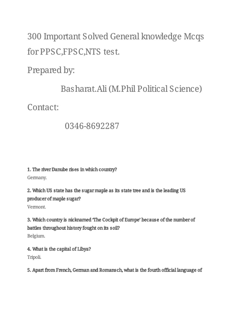 300 Important Solved General Knowledge Mcqs For PPSC-2-1-1 | PDF 300 Important Solved General Knowledge Mcqs For PPSC-2-1-1 | PDF