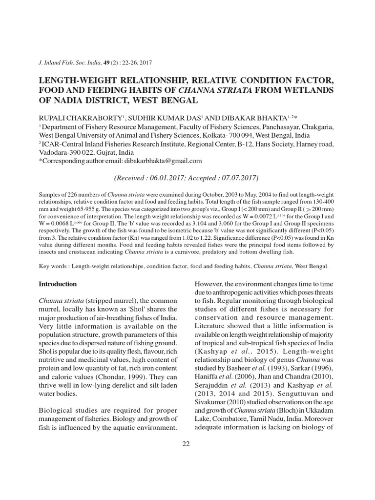 Length-Weight Study of Channa Striata | PDF | Logarithm | Chickpea