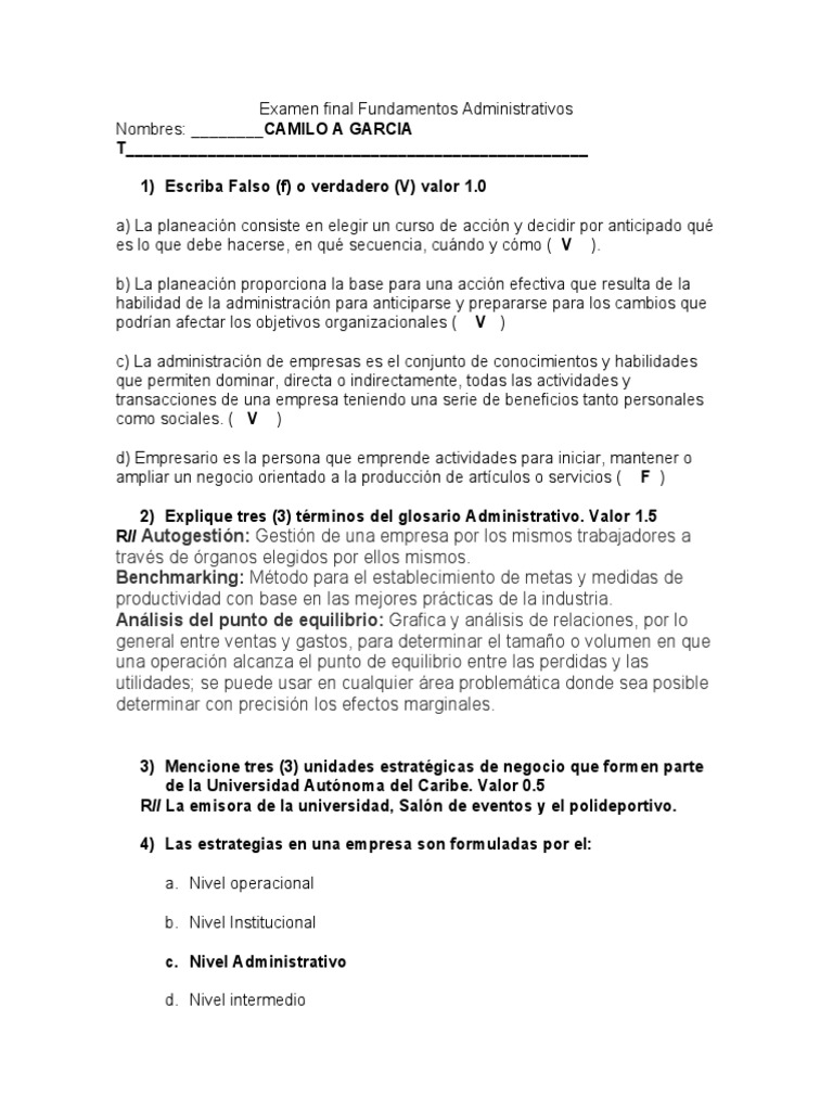 Examen Final de Fundamentos Administrativos | PDF