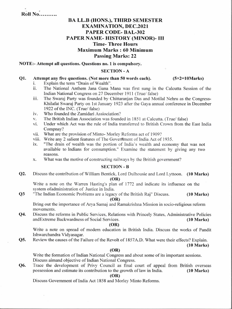 BA LL.B Exam: History Paper Overview | PDF | British Raj | Indian ...