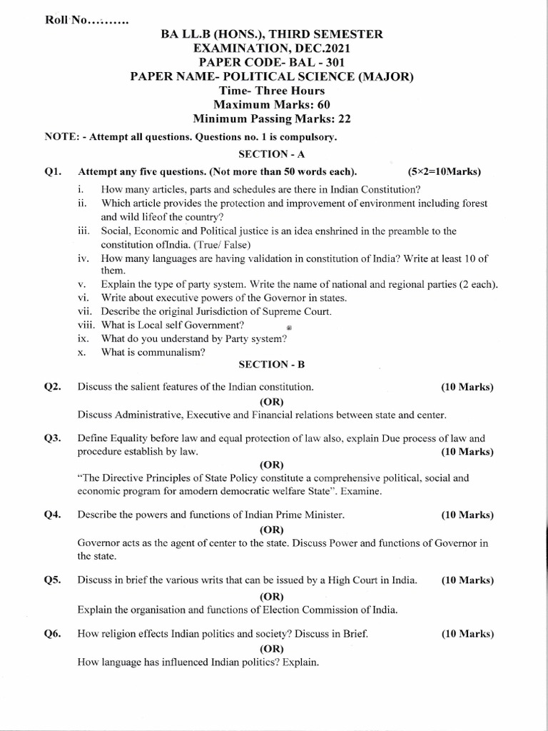 BA LLB III Sem Political Science (Major) 2021 | PDF | Constitution ... BA LLB III Sem Political Science (Major) 2021 | PDF | Constitution ...