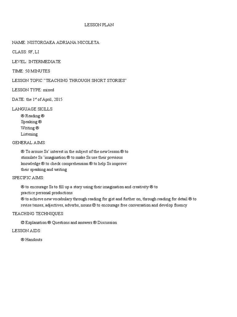 Short Story Lesson Plan for ESL | PDF | Lesson Plan | Vocabulary