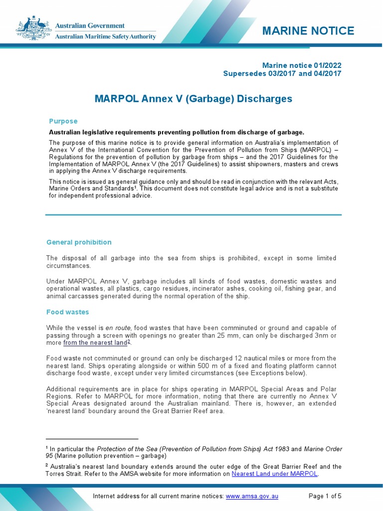 Marine Notice 01 2022 Marpol Annex V Garbage Discharges - 0 | PDF | Ships