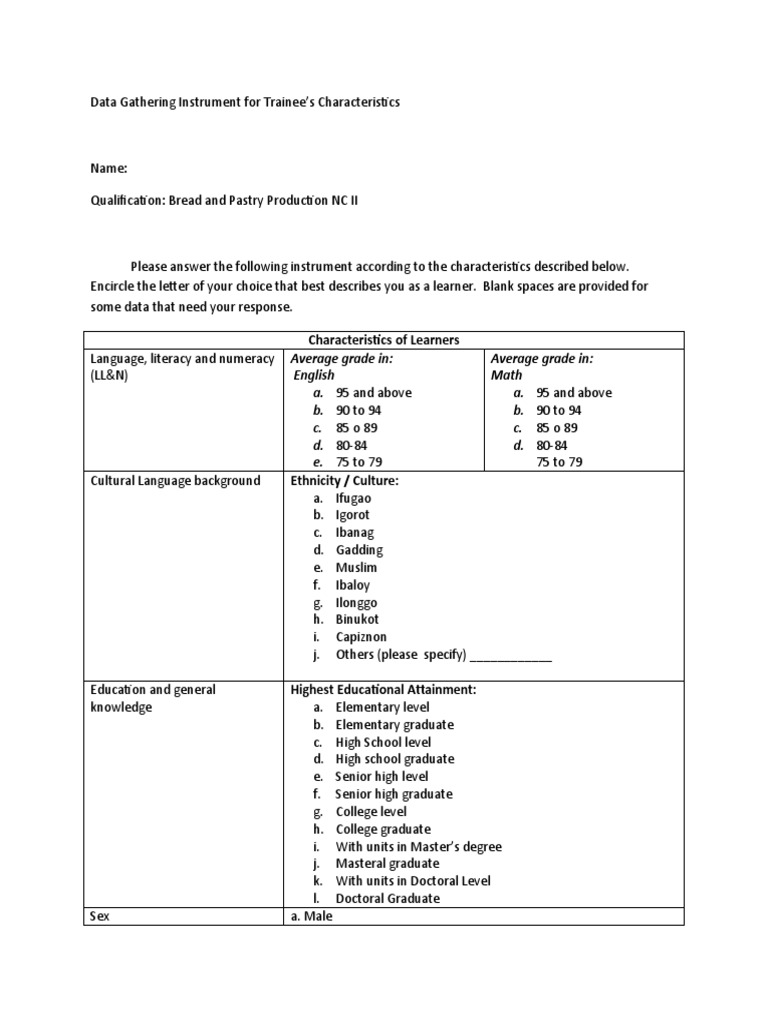 Data Gathering Instrument For Trainee | PDF | Learning | Cognition Data Gathering Instrument For Trainee | PDF | Learning | Cognition
