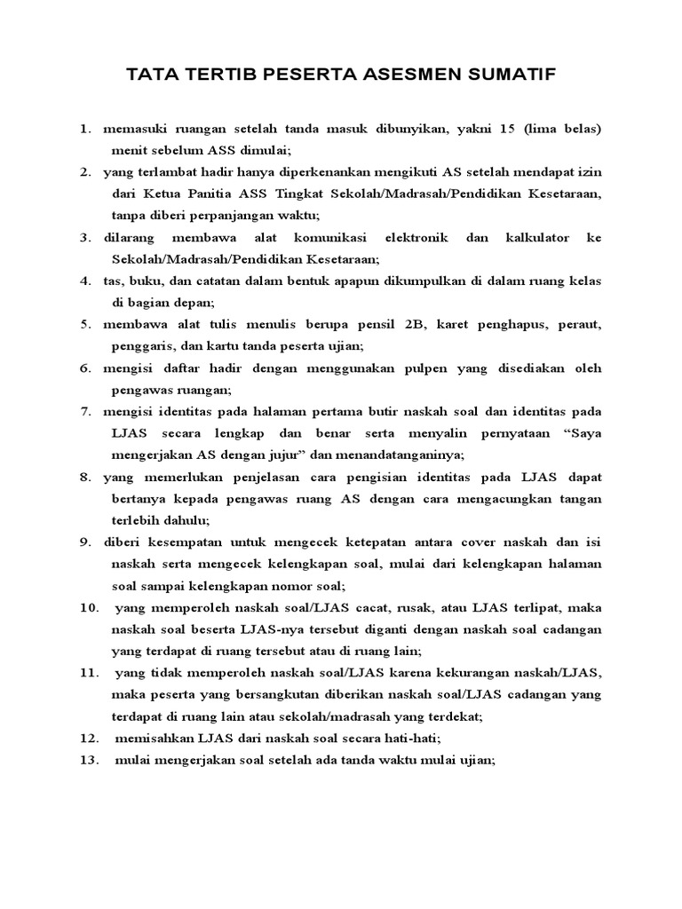 TATA TERTIB PESERTA ASESMEN SUMATIF Kelas VI | PDF