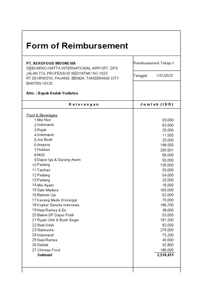 Form of Reimbursement | PDF