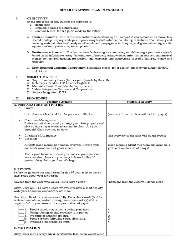 Detailed Lesson Plan in English 8 | PDF | Bias | Learning