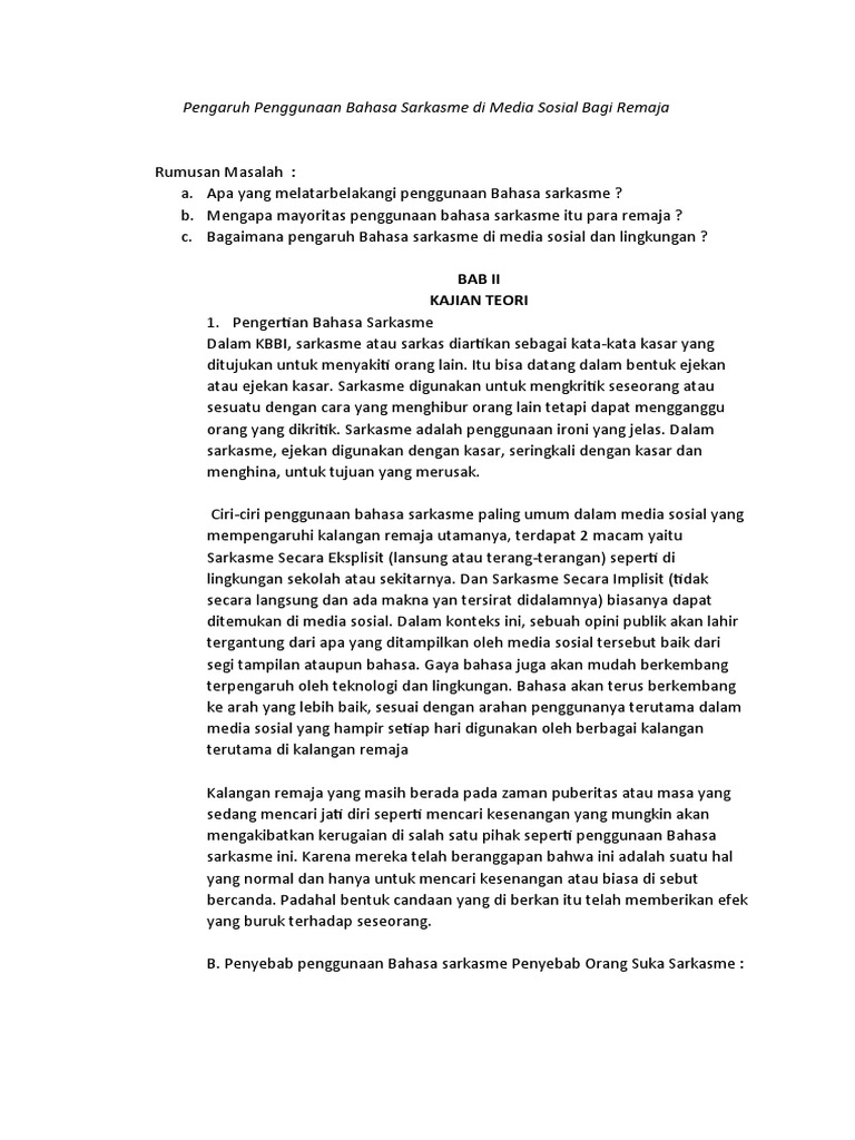 Pengaruh Penggunaan Bahasa Sarkasme Di Media Sosial Bagi Remaja | PDF | Karier & Perkembangan ...