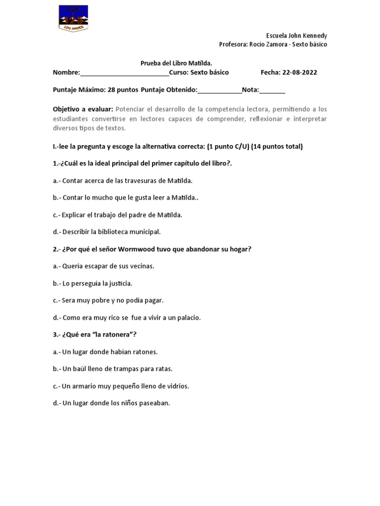 Prueba Del Libro Matilda | PDF