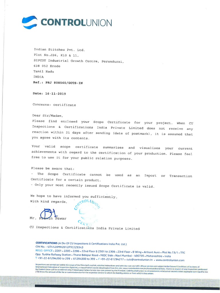 Indian Stitches Pvt. LTD (808560) - Scope Certificate - LH - (GOTS-IN ...