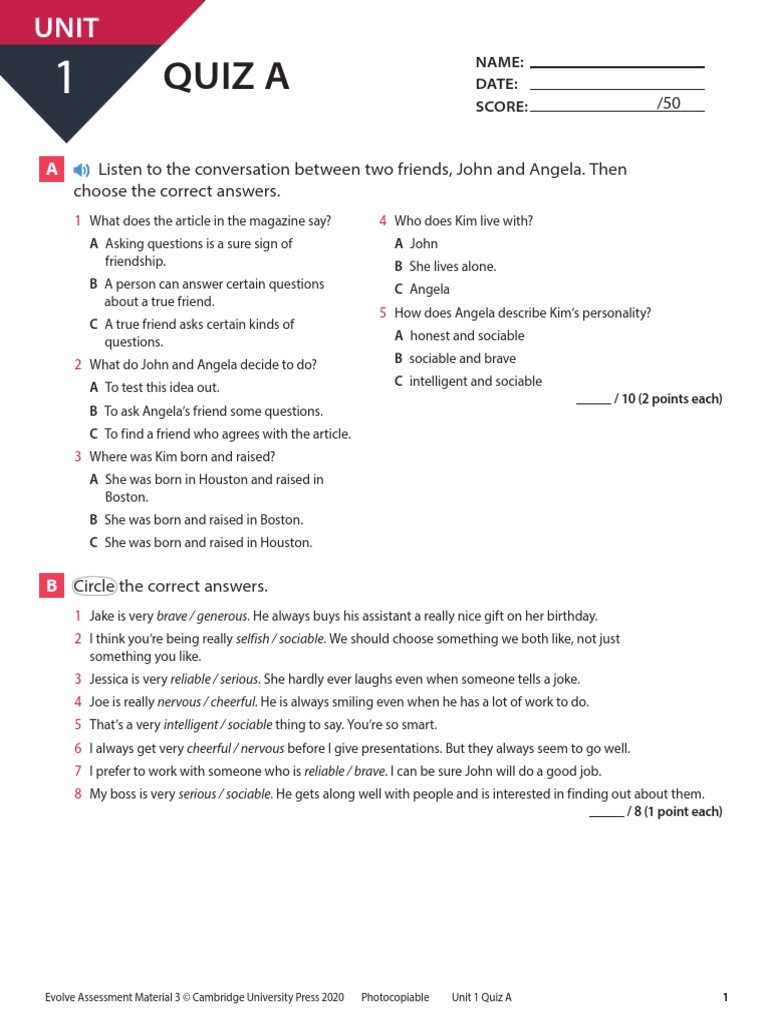 Evolve - L3 - Unit 1 Quiz - A | PDF