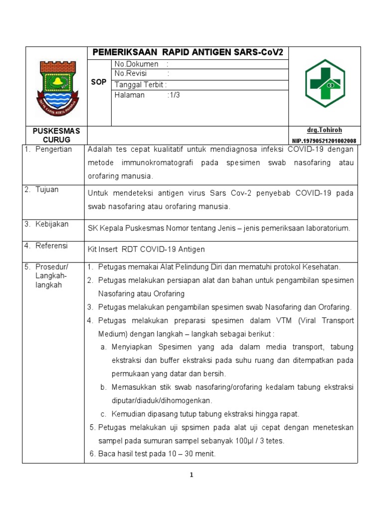 Sop Pemeriksaan Rapid Antigen Covid | PDF