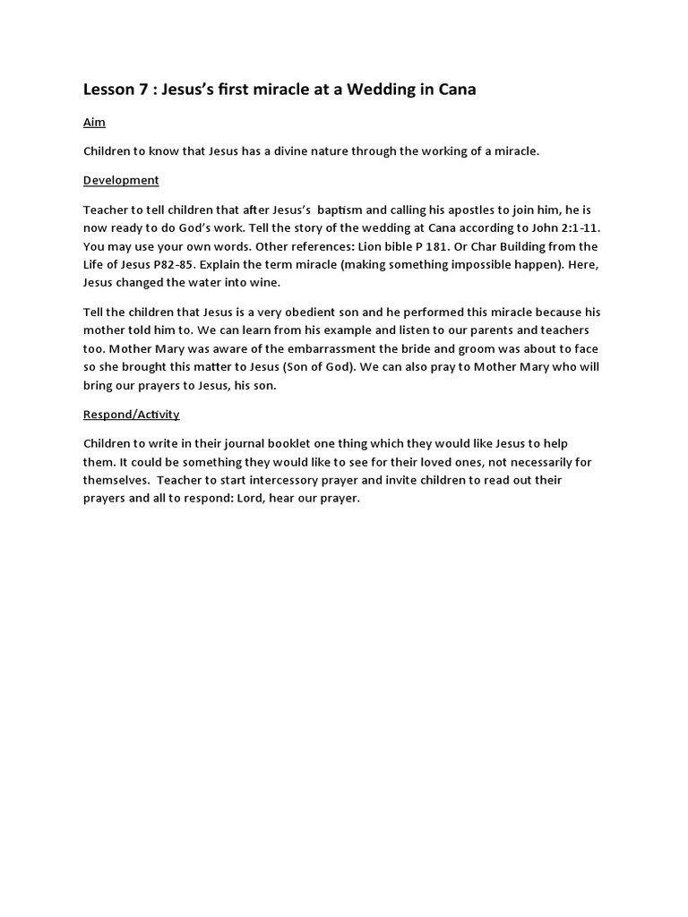 Lesson Template - Jesus First Miracle | PDF | Wellness | Religion & Spirituality