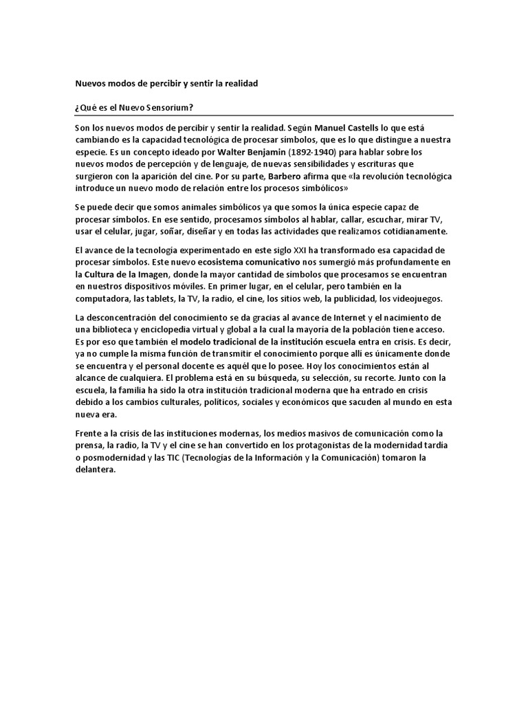 Nuevos Modos de Percibir y Sentir La Realidad (Texto y TP) | PDF ...