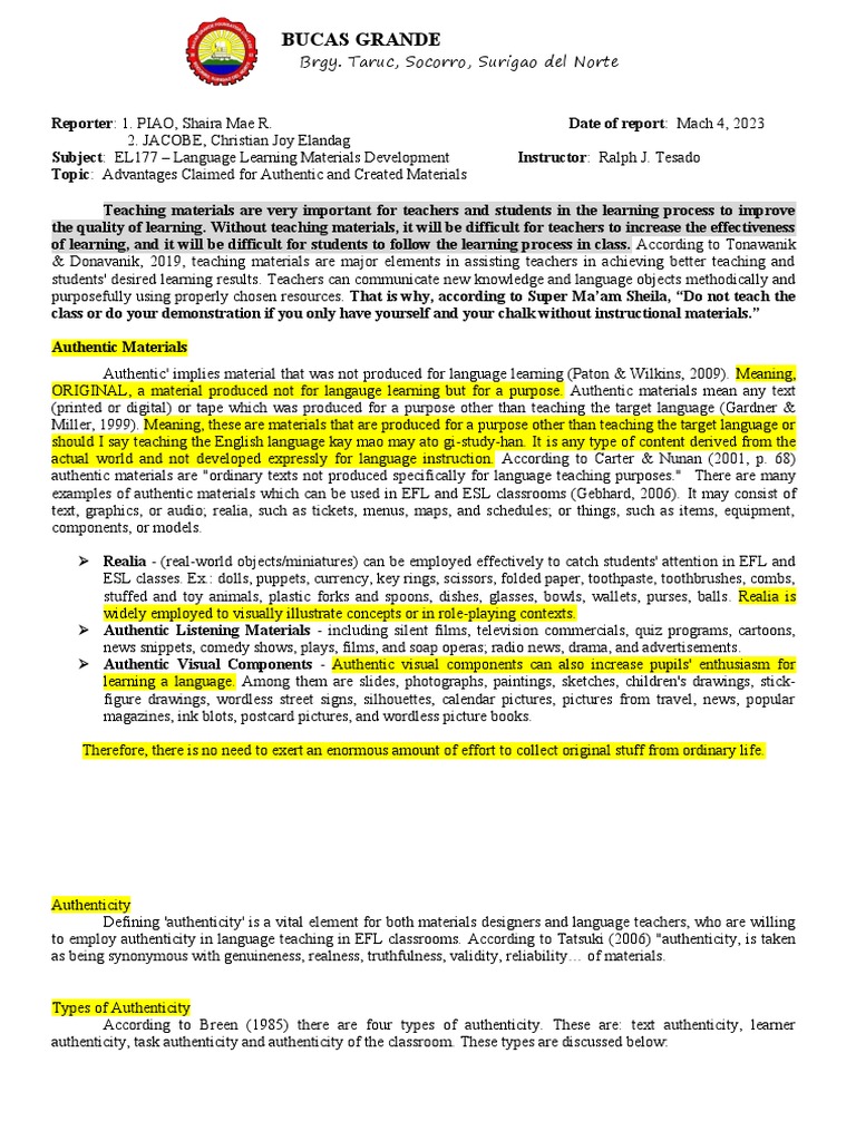 SCRIPT - Advantages For Authentic and Created Materials | PDF | Learning | Human Communication