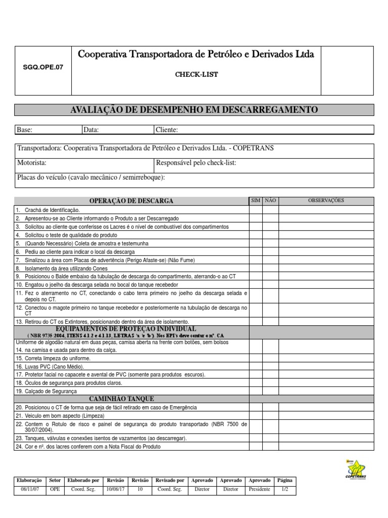 Anexo 03 - Check List de Descarga em Clientes - 2017 | PDF