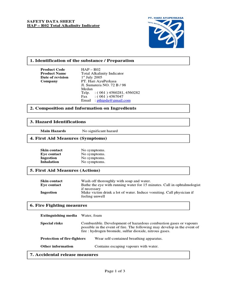 HAP-R02 Total Alkalinity Indicator SDS | PDF | Water | Firefighter
