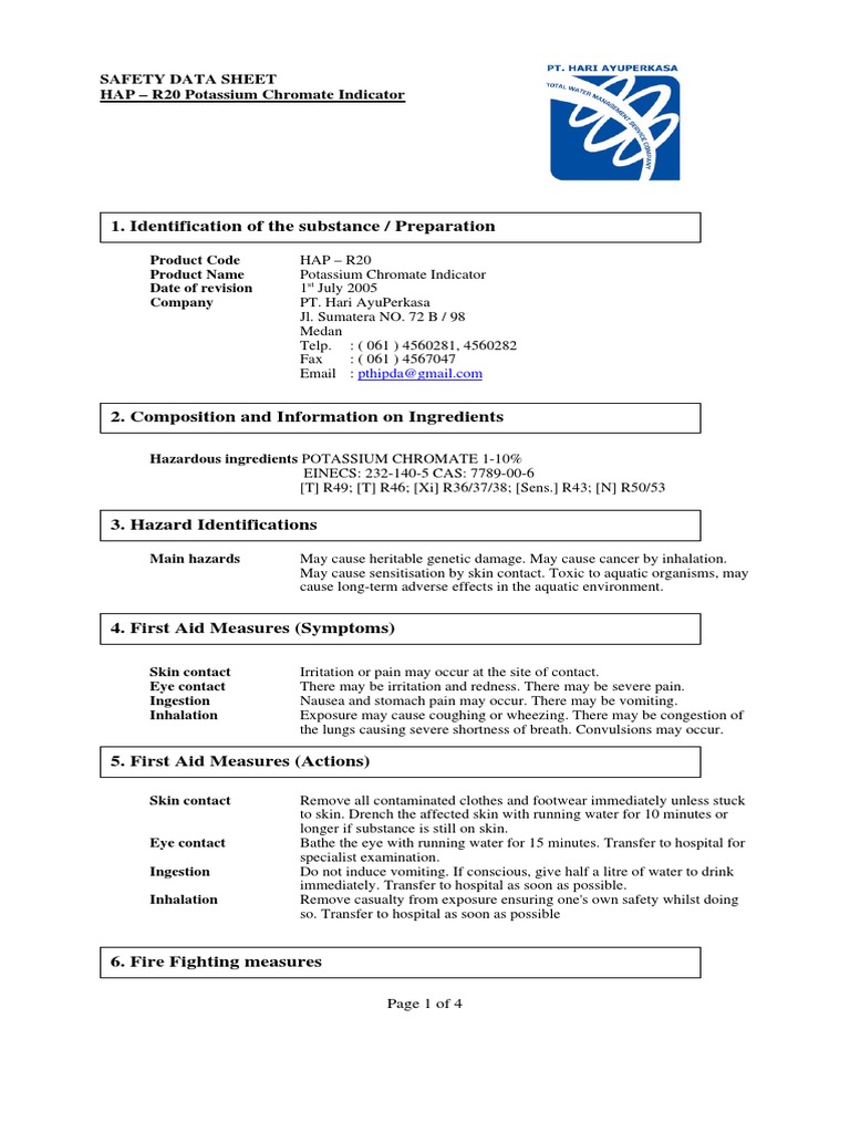 R20 - Potassium Chromate Indicator | PDF | Toxicity | Safety