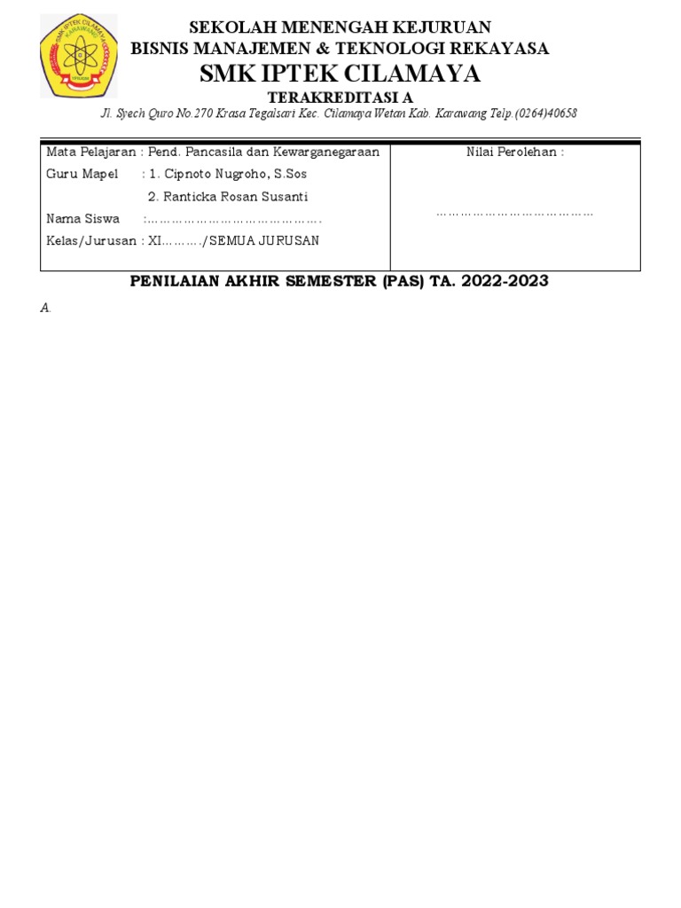 Soal PPKn SMK IPTEK Cilamaya | PDF | Politik