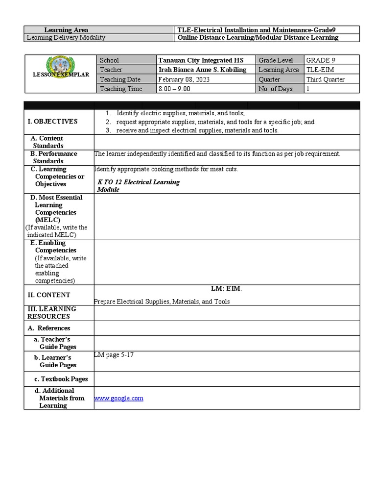 Detailed Lesson Plan - 1st Lesson | PDF | Electrical Wiring | Electric ...