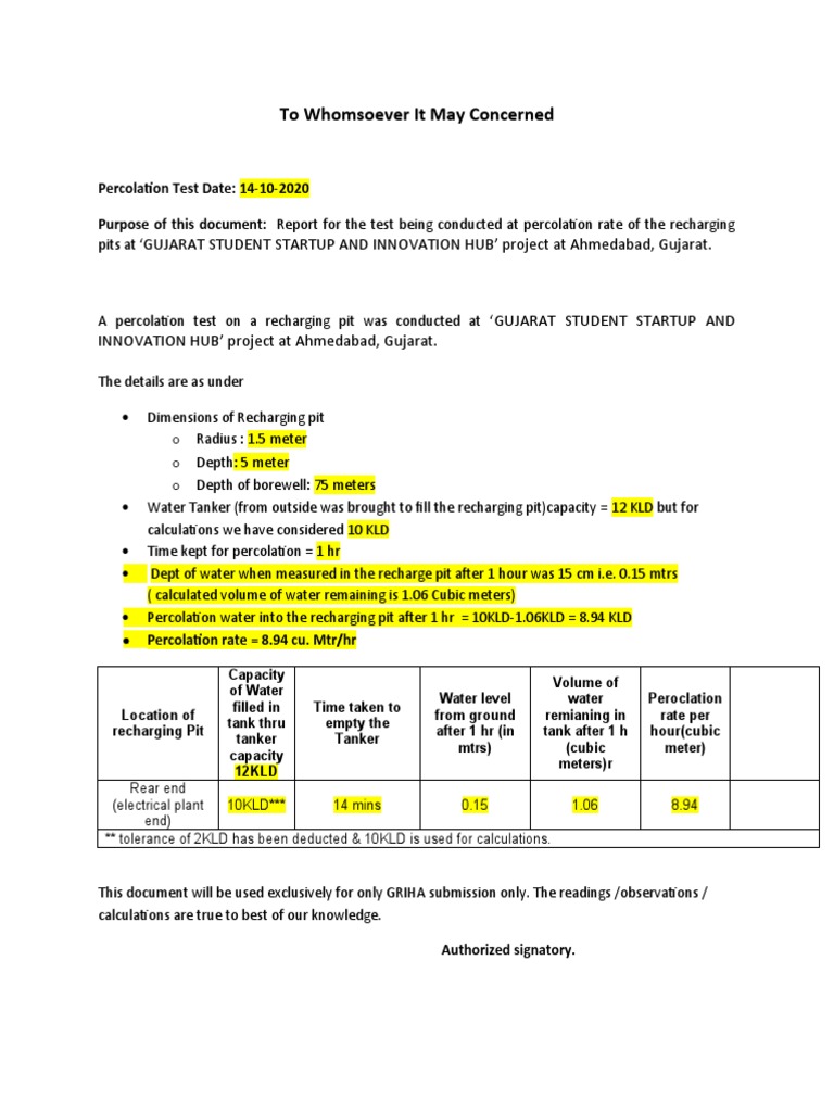 Percolation Test Report for GSSIH | PDF