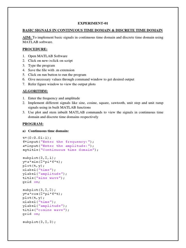 Exp 1 | PDF | Discrete Time And Continuous Time | Amplitude